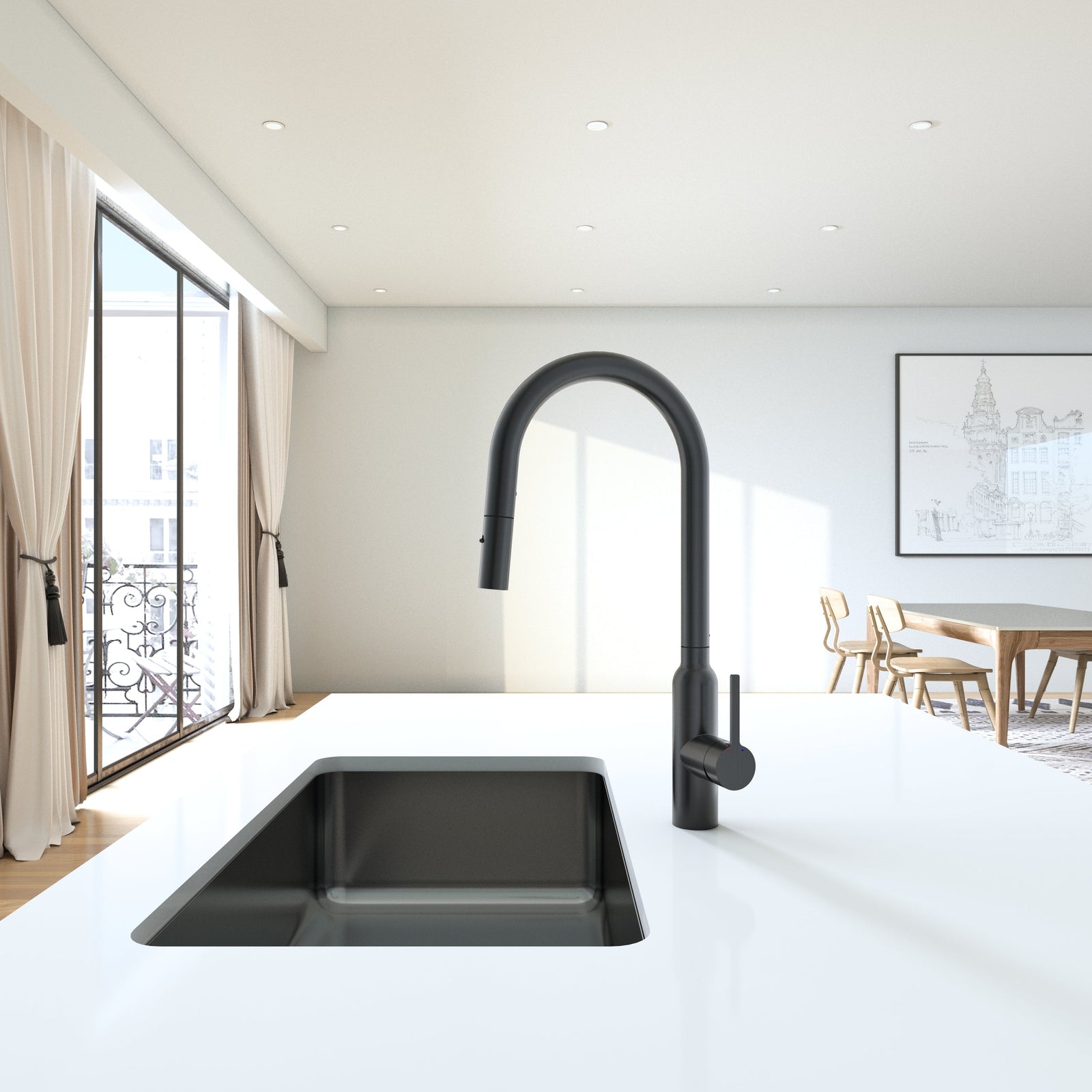 Navona Carysil Round Granite Black Pull Out Kitchen Mixer - Blue Bathware