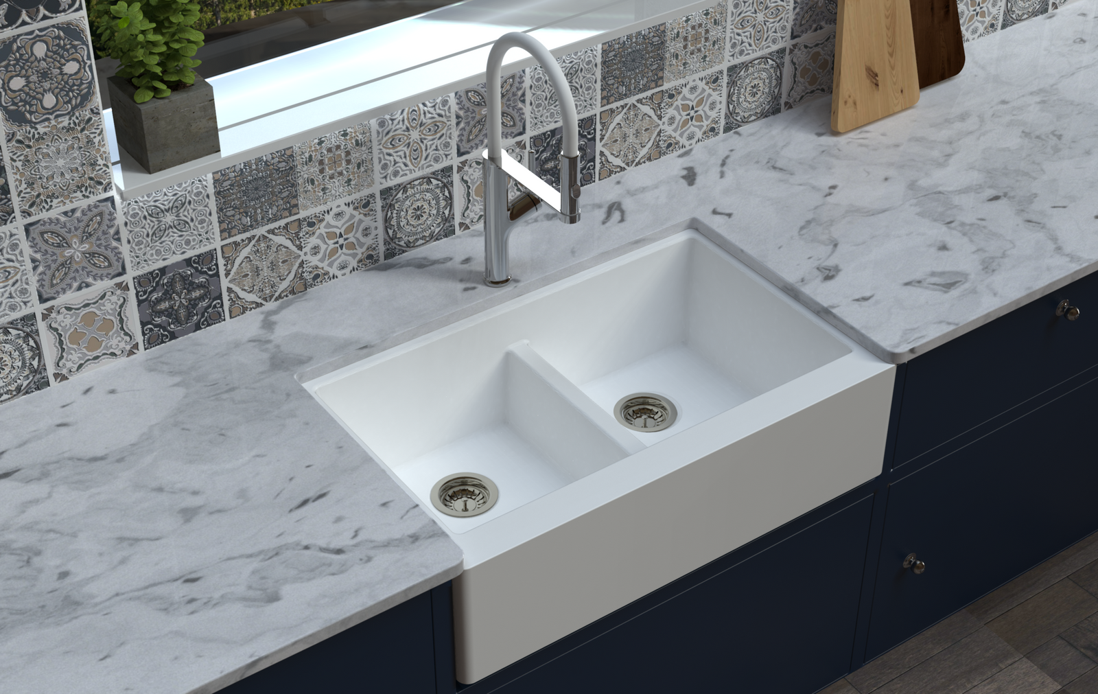 864x540x229mm White Granite Butler Sink Double Bowls Farmhouse Kitchen ...