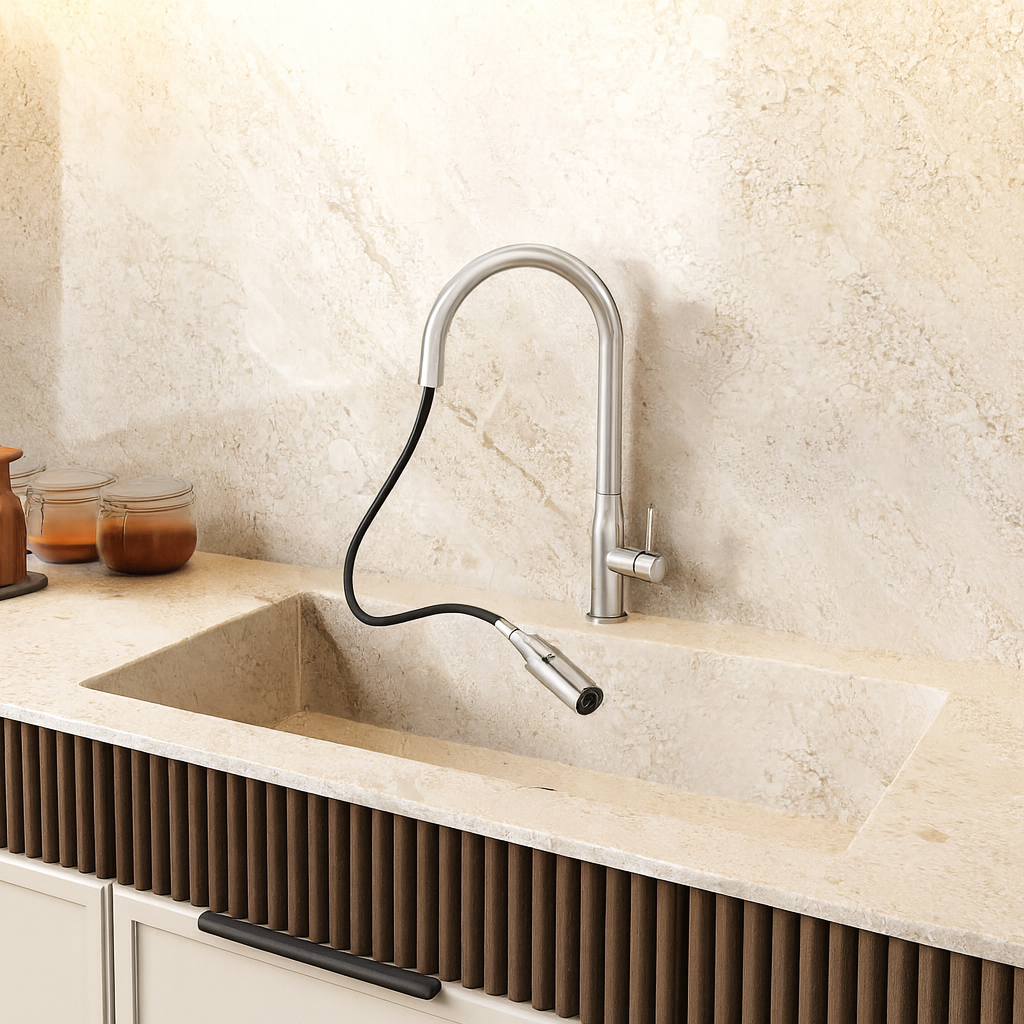 Navona Carysil Slim Brushed Nickel Pull Out Kitchen Mixer - Blue Bathware